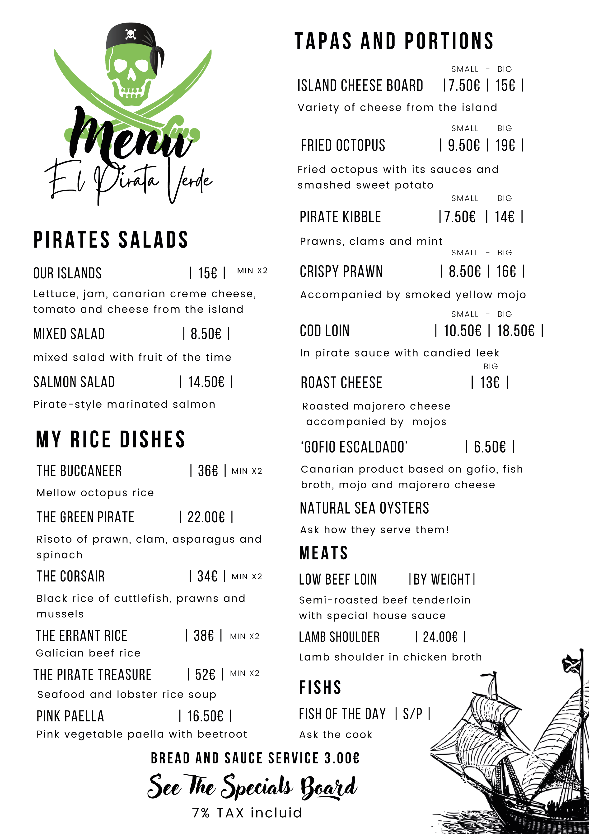 English Menu – El Pirata Verde